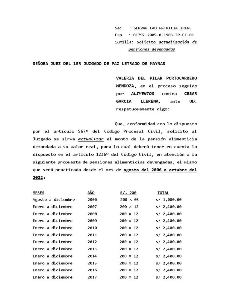Solicito Actualizacion de Pensiones Devengadas - Valeria Del Pilar Portocarrero Mendoza | PDF ...
