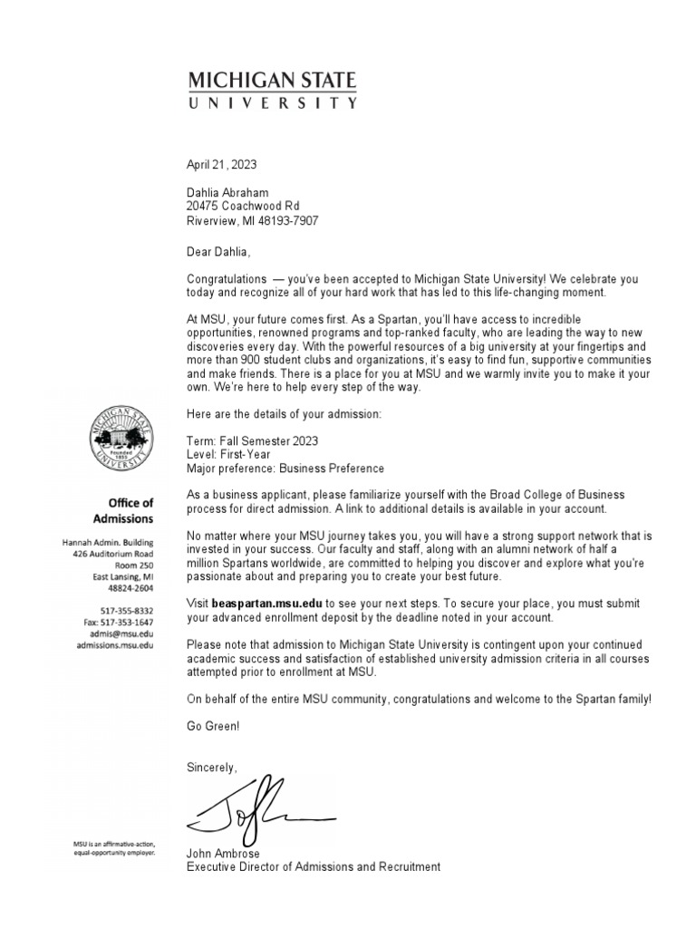 Msu Acceptance Letter | PDF