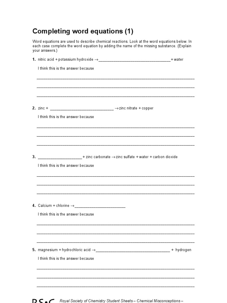 Completing Chemical Word Equations | PDF | Sodium Chloride | Acid