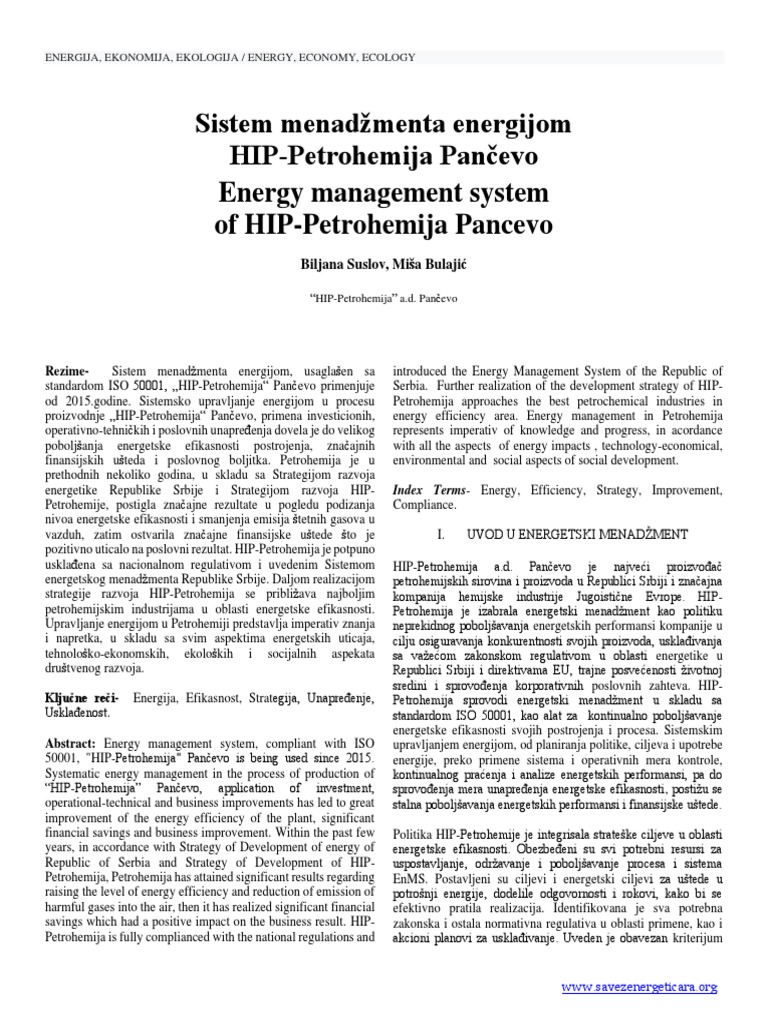 036 165 - Biljana Suslov - Misa Bulajic - SISTEM MENADZMENTA ENERGIJOM HIP PETROHEMIJA PANCEVO | PDF