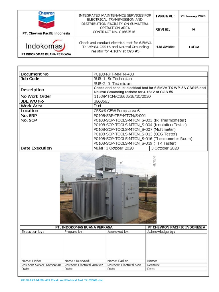 P0108-RPT-MNTN-433 Chcek and Electrical Test TX-CSS#6 | PDF ...