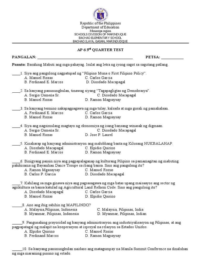 AP 6 3 Quarter Test PANGALAN: - PETSA: - Panuto: Basahing Mabuti Ang ...