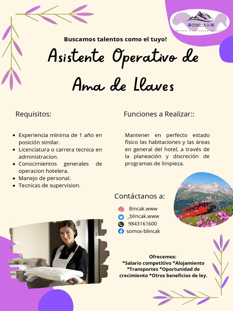 Asistente Operativo de Ama de Llaves: Requisitos: Funciones A Realizar ...