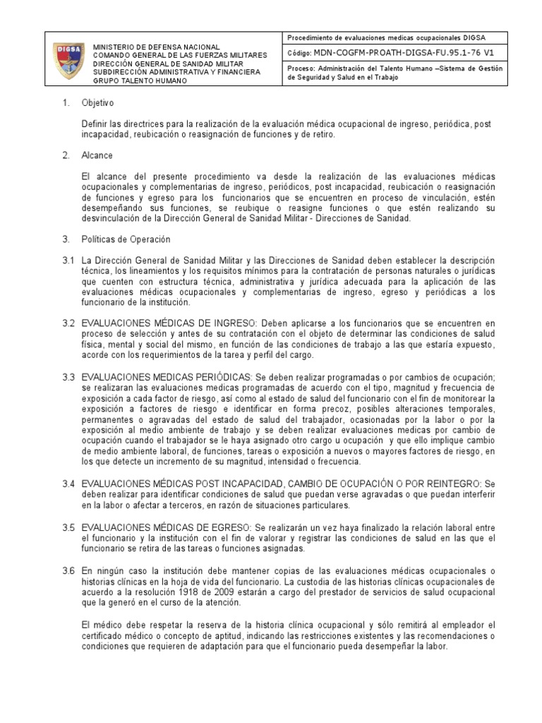 Procedimiento de Evaluaciones Medicas Ocupacionales v1 Digsa | PDF | Seguridad y salud ...