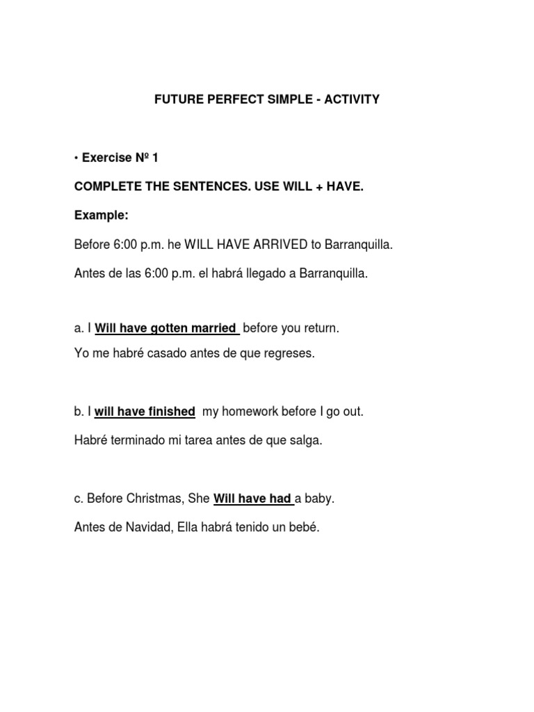 Future Perfect Simple Exercises | PDF