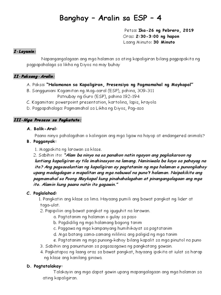 Banghay-Aralin Sa ESP 4 | PDF