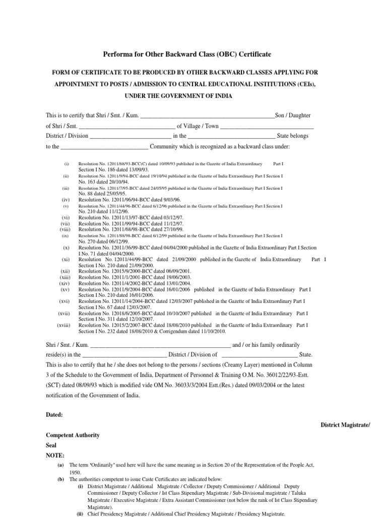 Obc Format | PDF | Magistrate | Government Of India