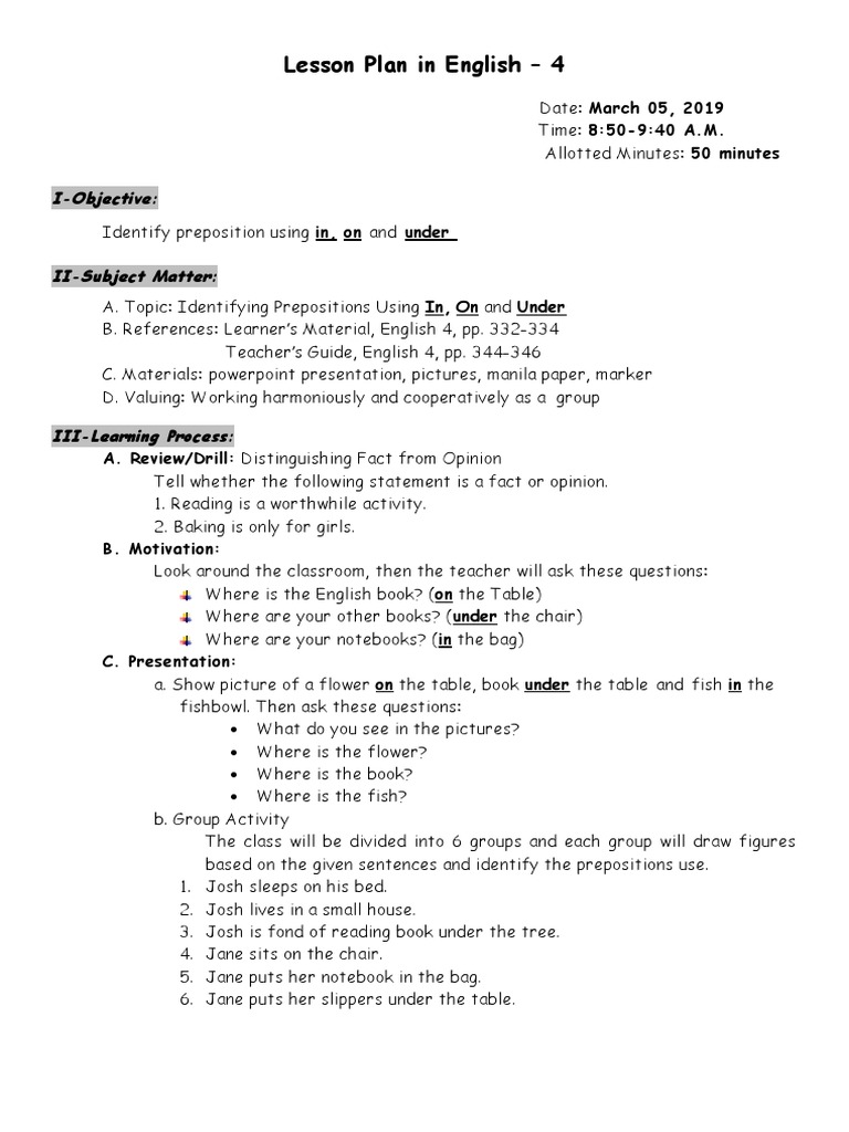 Lesson Plan in English-4 | PDF | Preposition And Postposition | Object ...