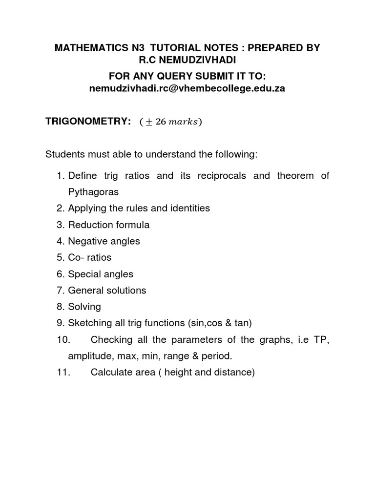 Mathematics N3 Trigonomentry Tutorial Notes Pdf Pdf Trigonometric