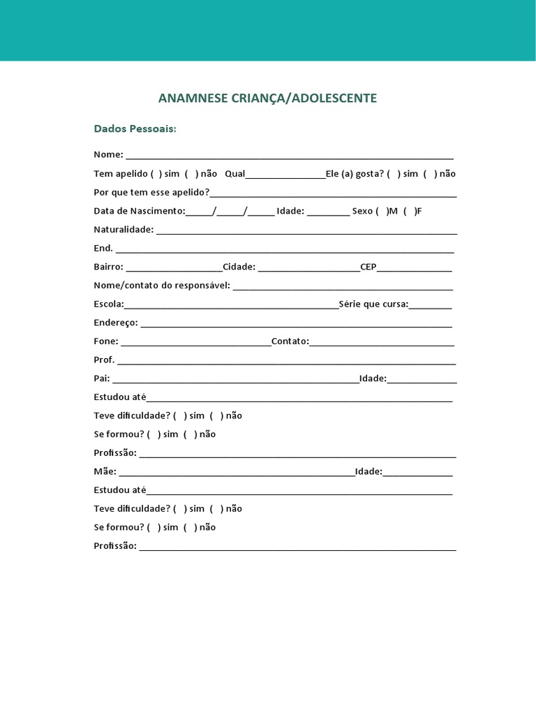 Modelo de Anamnese Crianca Adolescente | PDF | Família | Adolescência
