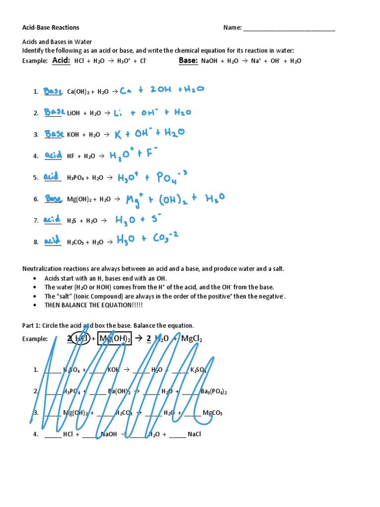 Acid-Base Reactions Worksheet | PDF | Acid | Physical Chemistry