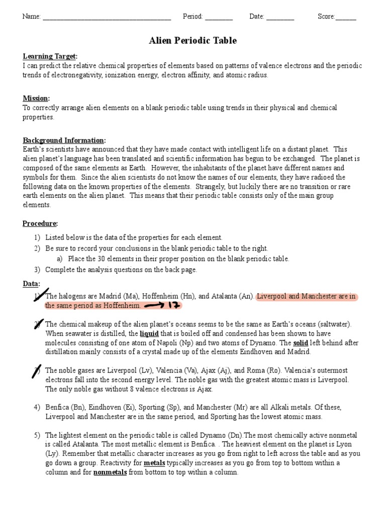 Alien Periodic Table Challenge PDF | PDF | Periodic Table | Chemical ...