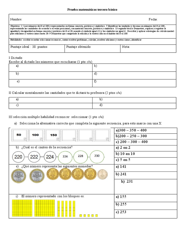 Prueba Matemáticas Tercero Básico | PDF | Matemáticas