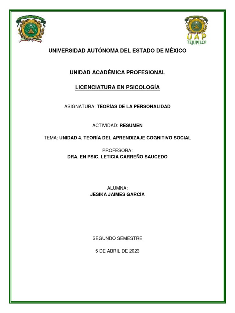 Unidad 4. Teoría Del Aprendizaje Cognitivo Social | PDF