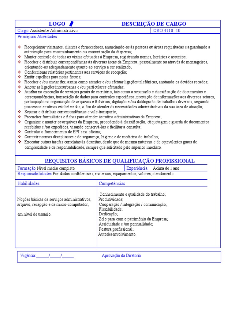 Modelo Descrição de Cargo - Administrativo e Liderança | PDF | Setor ...