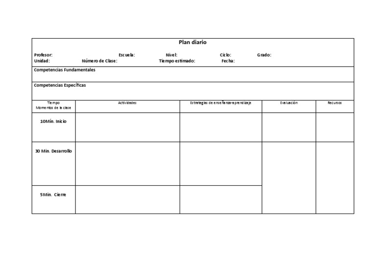 Planilla de Planificación Diaria. Plan clase a clase.docx | PDF