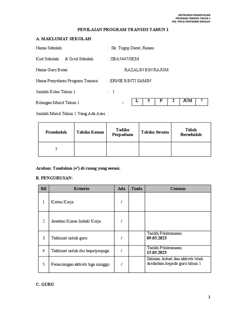 Instrumen Pemantauan Transisi Tahun 1 | PDF