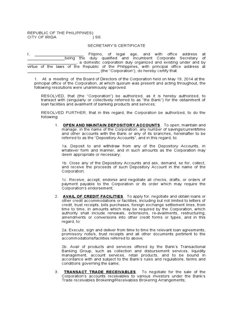 Secretary S Certificate Sample | PDF | Banks | Foreign Exchange Market
