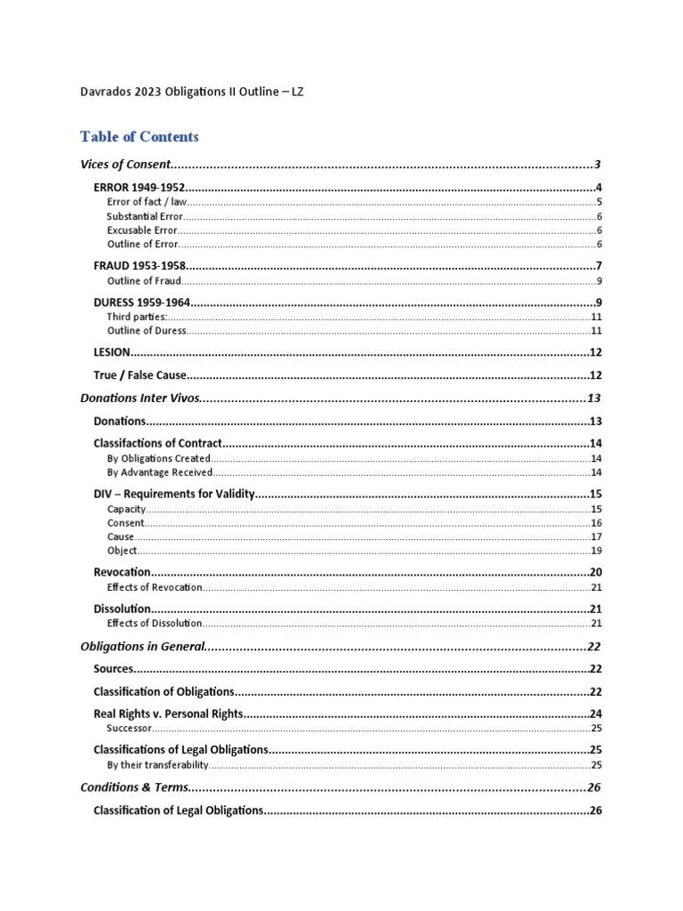 Davrados 2023 Obligations II Outline - LZ | PDF | Fraud | Misrepresentation