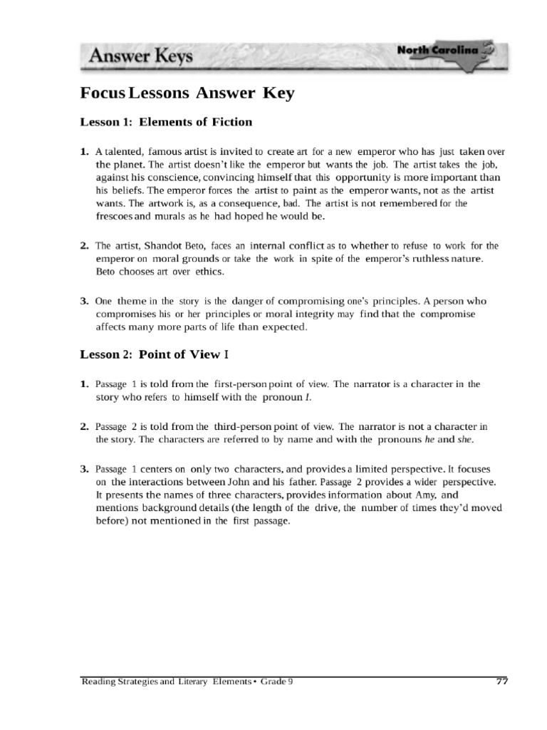 Focus Lessons Answer Key Lesson 1 - Elements of Fiction 1. A | PDF
