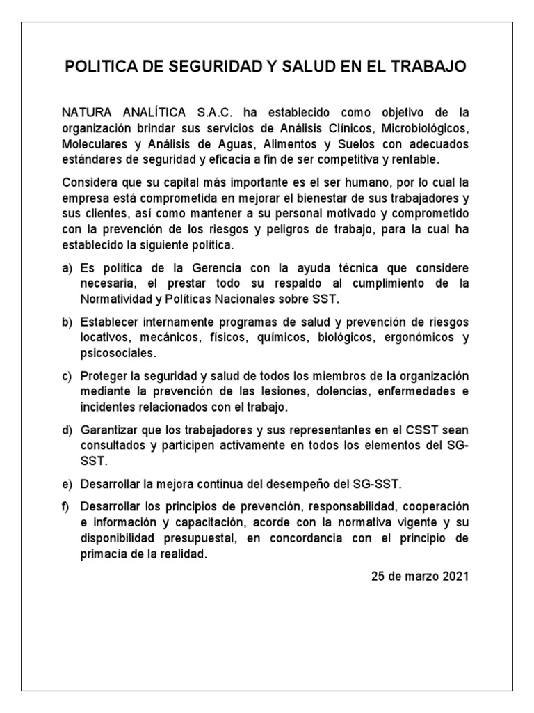 Politica de Seguridad y Salud en El Trabajo | PDF