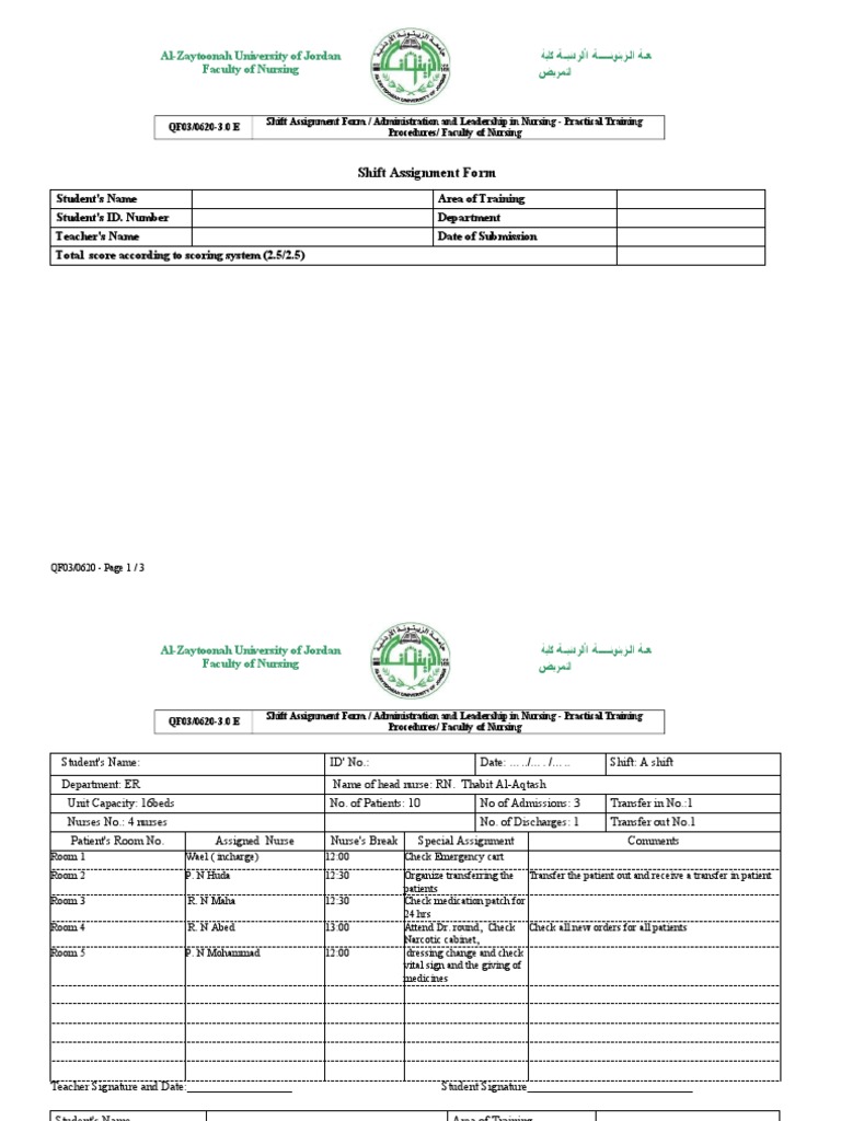 20-Shift Assignment Form - Administration and Leadership in Nursing - Odai | PDF | Nursing ...