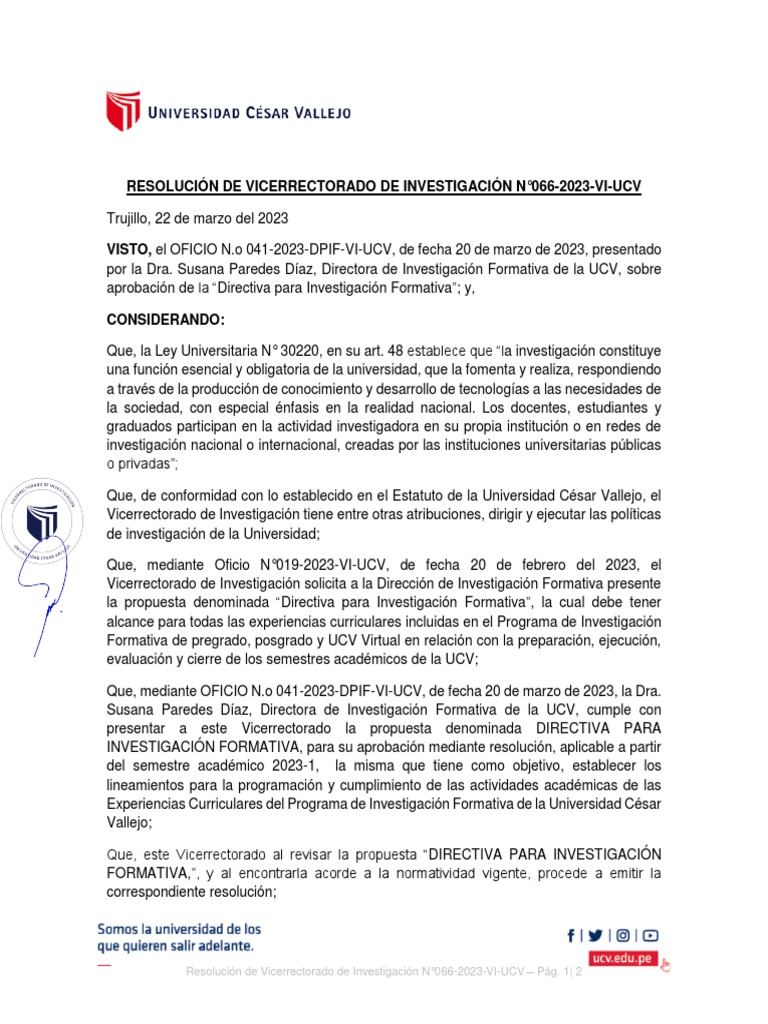 RVI N°066-2023-VI-UCV Directiva 2023-1 | Descargar gratis PDF | Plan de ...