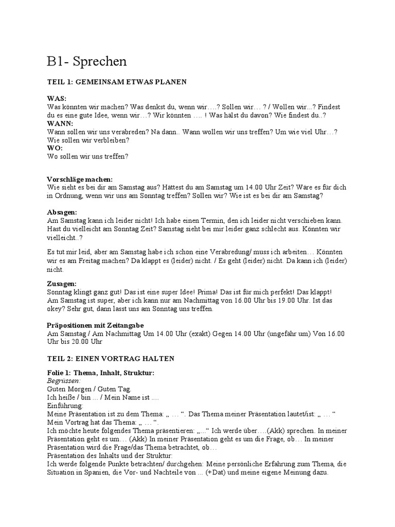B1-Sprechen: Teil 1: Gemeinsam Etwas Planen Was: Wann: WO | PDF
