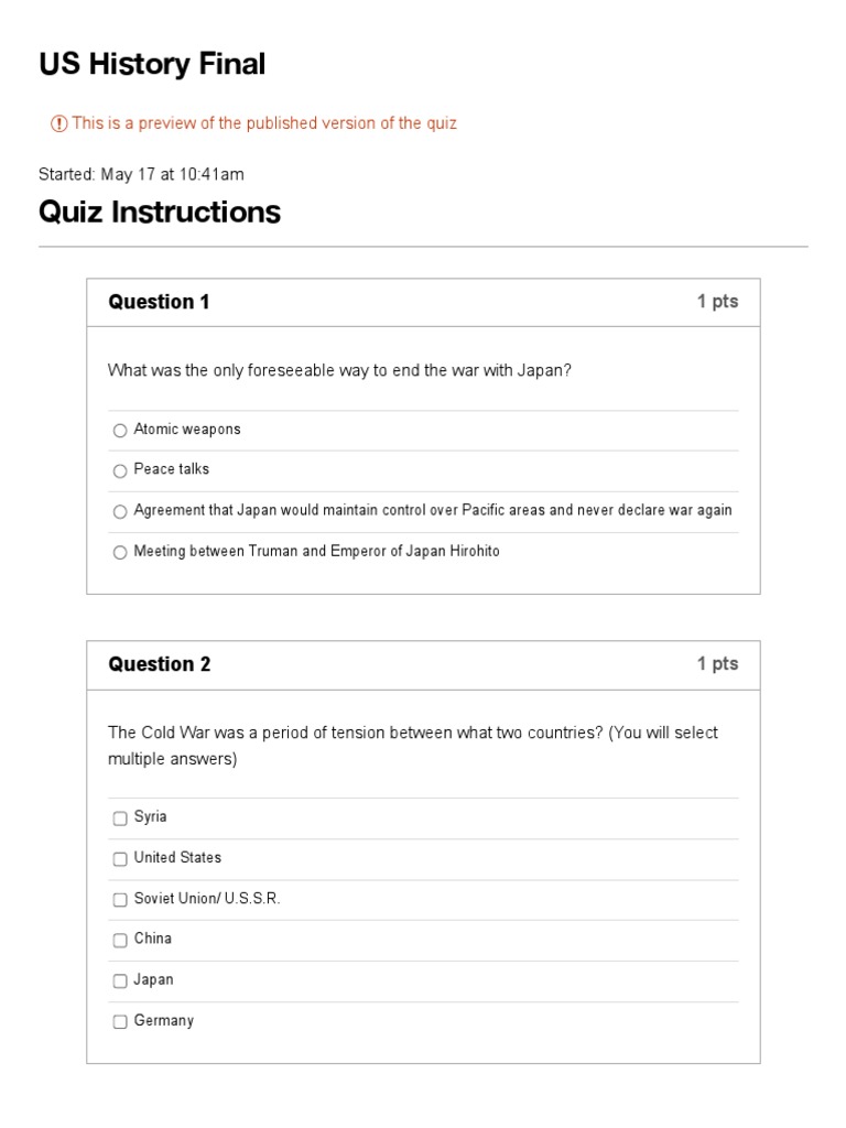 Quiz - US History Final | PDF | Vietnam War | Fifteenth Amendment To ...