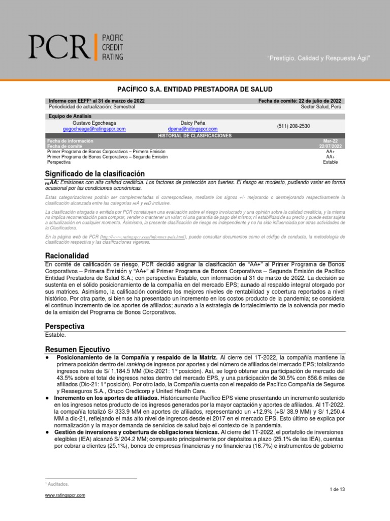Clasificación AA+ de Pacífico EPS S.A. | PDF | Inflación | Dinero