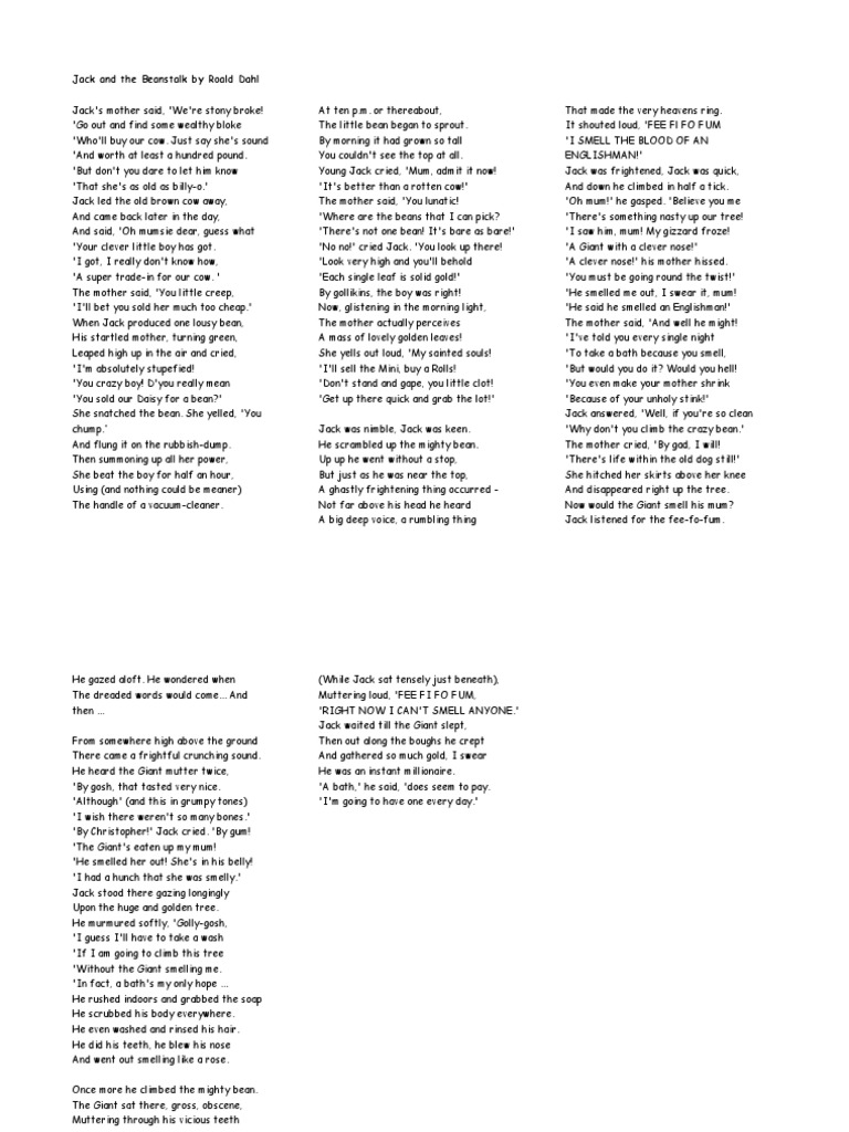 Jack and The Beanstalk by Roald Dahl | PDF