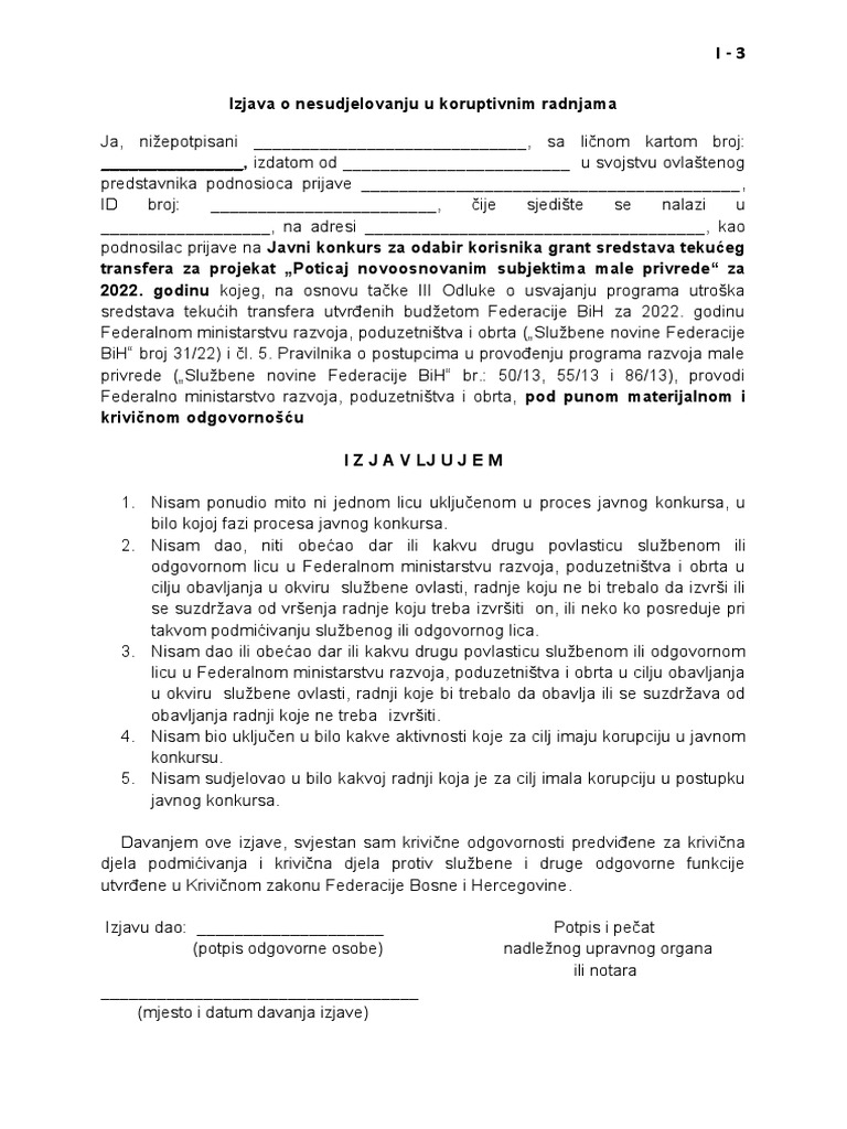 Izjava o Nesudjelovanju U Koruptivnim Radnjama I 3 | PDF