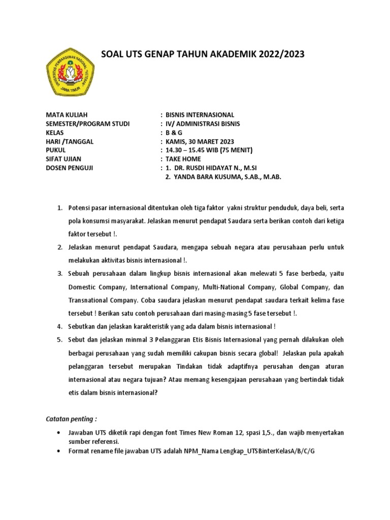 SOAL UTS GENAP T.A. 2022-2023 BISNIS INTERNASIONAL (Kelas B & G) | PDF