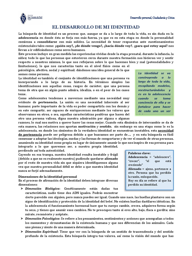 El Desarrollo de Mi Identidad | PDF | Relaciones personales, crianza y ...