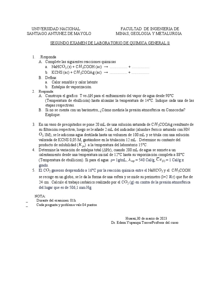 2° Examen de Laboratorio de QG-I | PDF