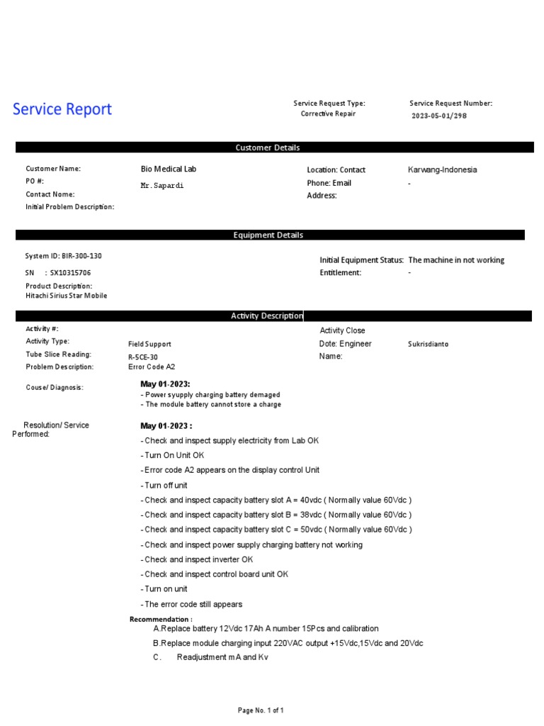 Service Report Pengecekan X-Ray Mobile Hitachi 200ma Biomedilab ...