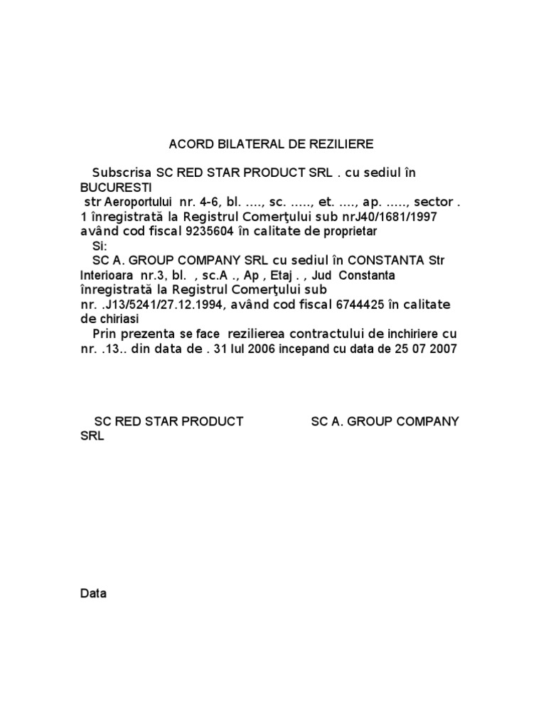 Notificare Pentru Rezilierea Unui Contract