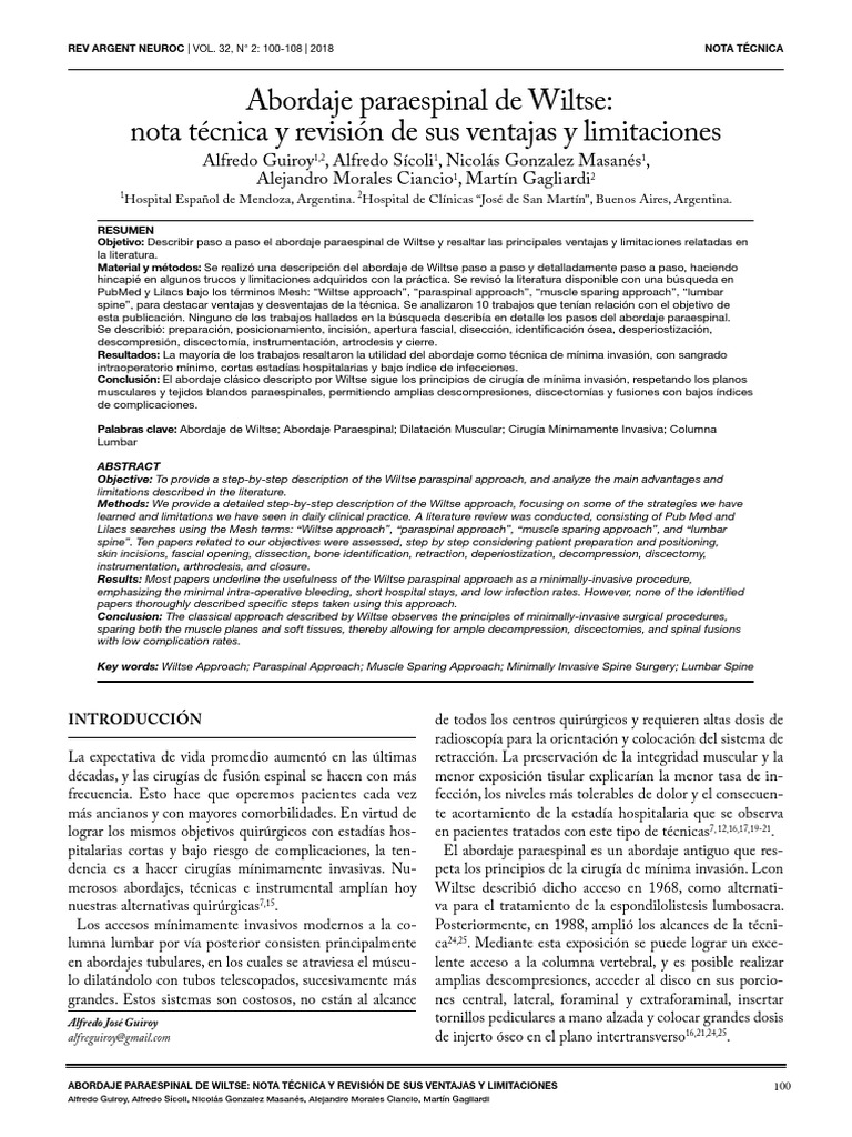 Abordaje Paraespinal de Wiltse: Nota Técnica y Revisión de Sus Ventajas ...