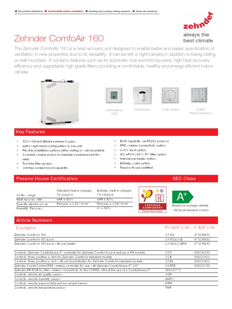 Zehnder Comfoair 160 en Uk | PDF