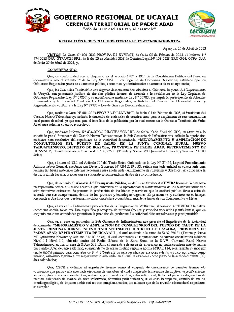 Gobierno Regional de Ucayali: Gerencia Territorial de Padre Abad | PDF | Gobernancia | Gobierno