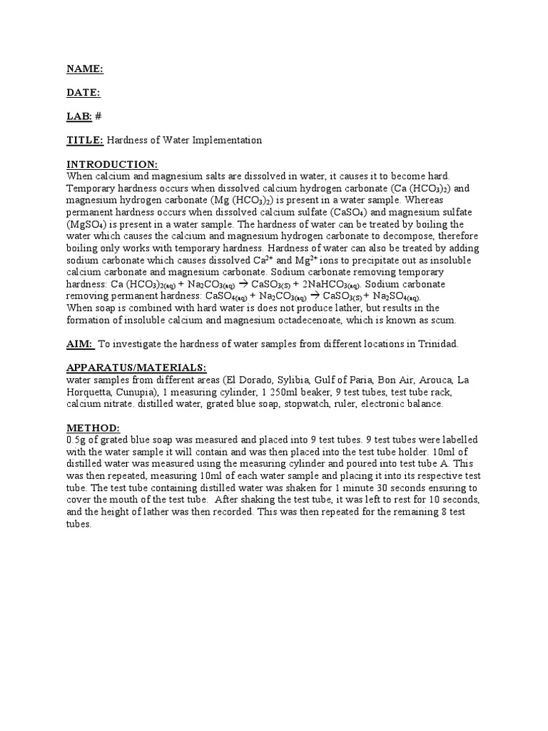 Hardness of Water Lab | PDF | Water | Sodium Carbonate