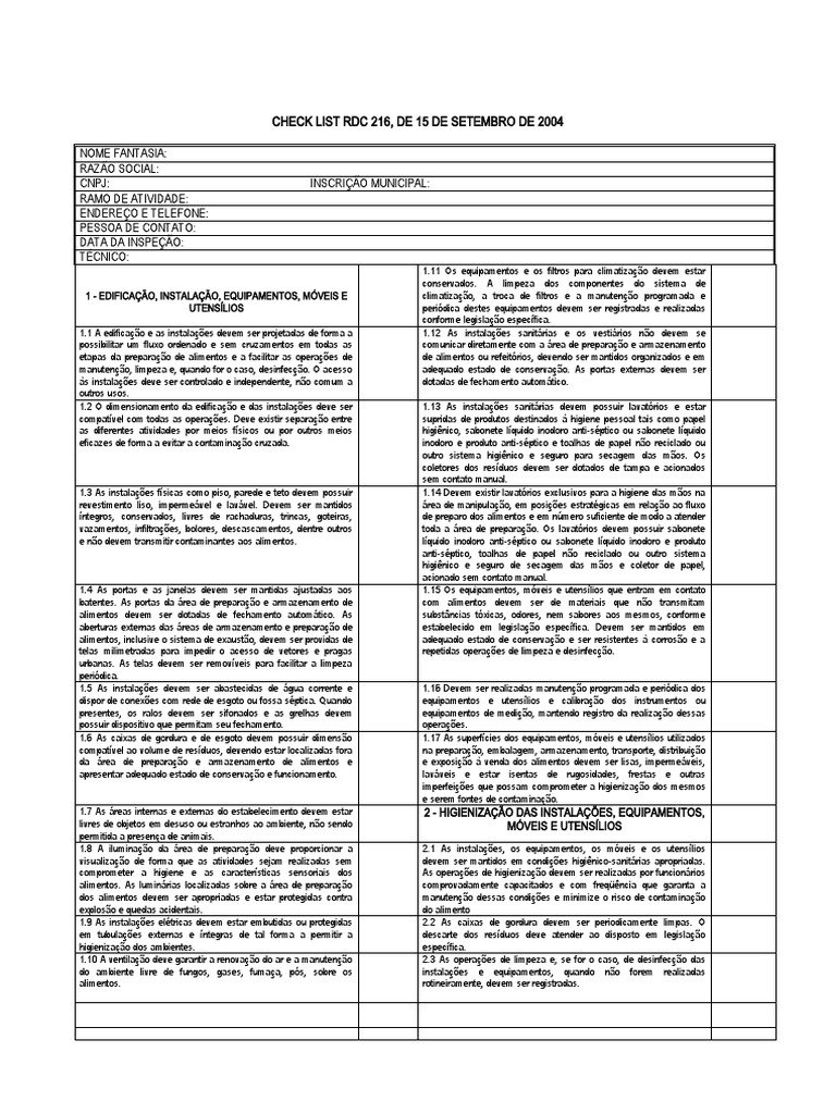 Check List - ANVISA RDC 216 | PDF | Desperdício | Embalagem e rotulagem