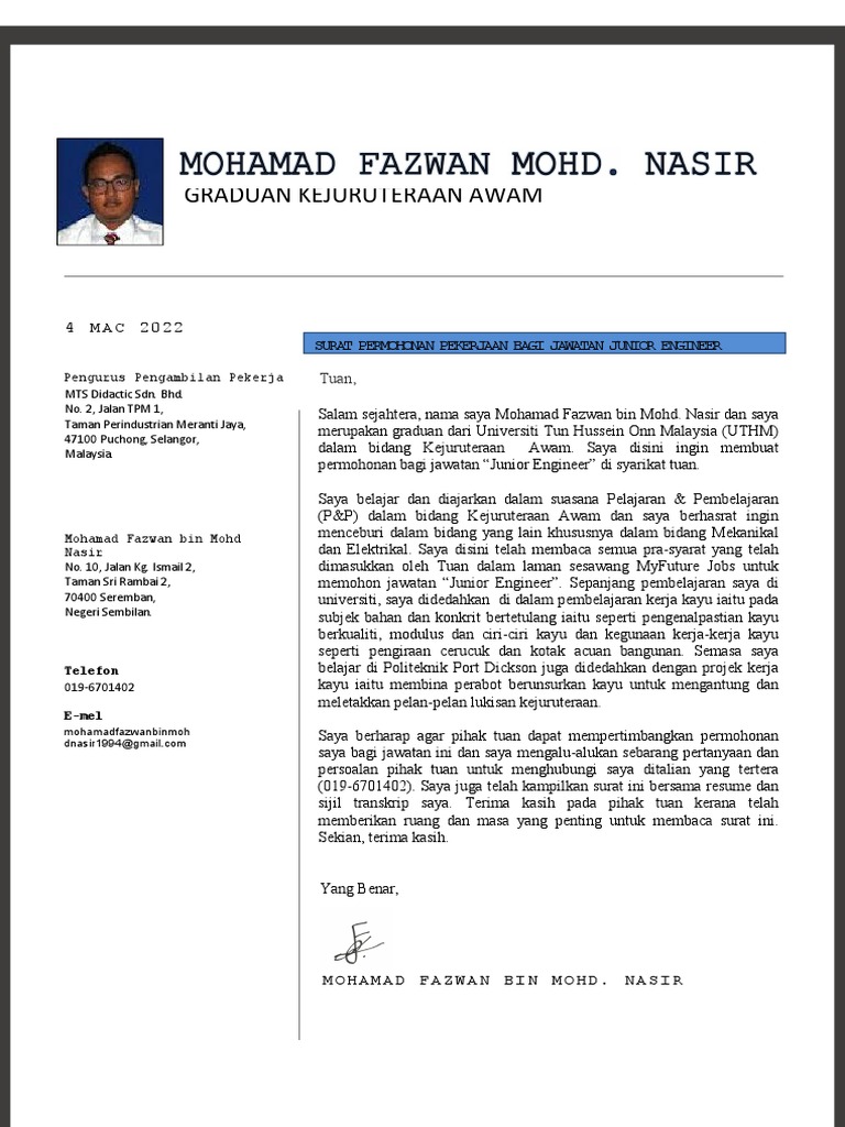 Surat Permohonan Pekerjaan Sebagai Junior Engineer Di MTSM Workskill | PDF