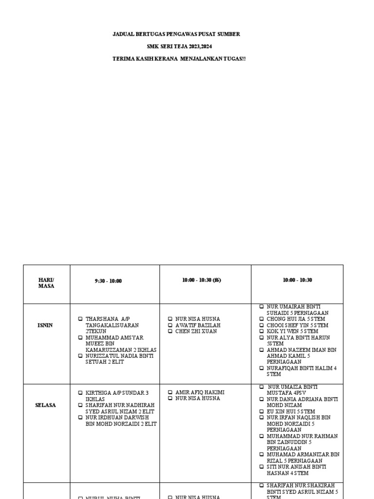 Jadual Bertugas Pss Sesi 2023-2024 | PDF