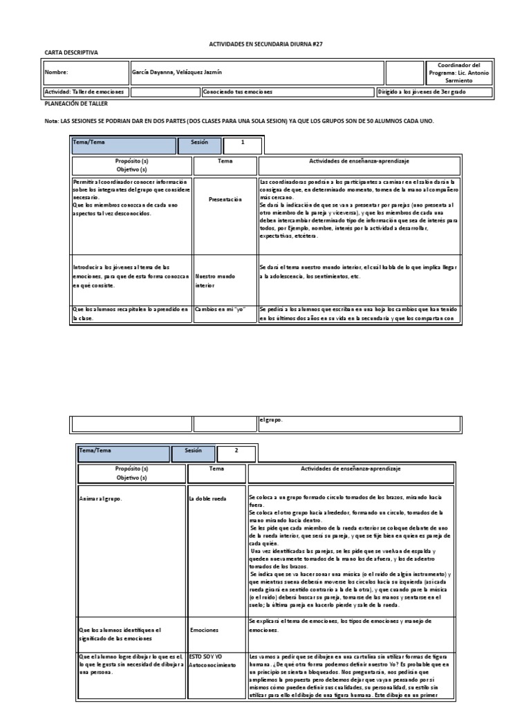 Autoestima-Carta Descriptiva | PDF | Las emociones | Aprendiendo estilos