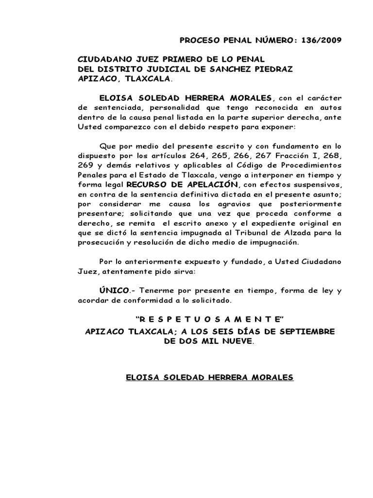 Escrito de Presentación Del Recurso de Apelación | PDF | Derecho