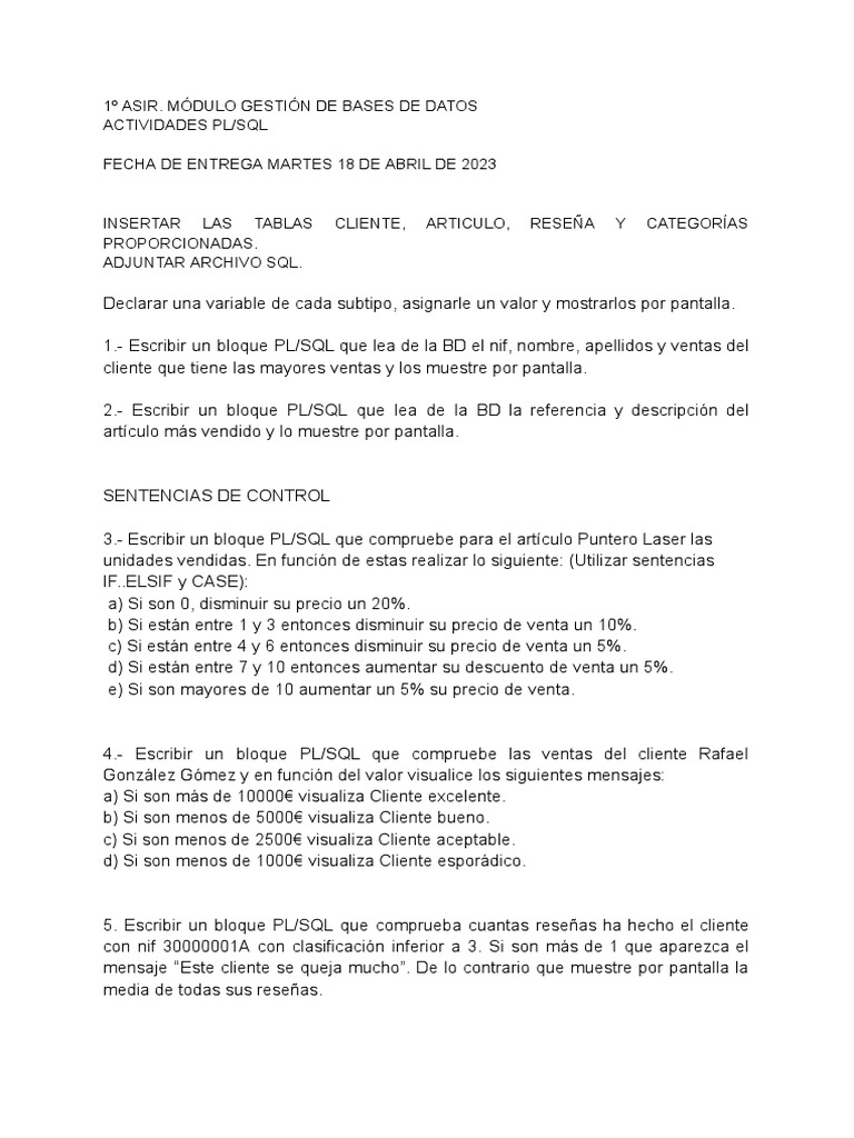 Actividades Oracle PL - SQL PDF | PDF Actividades Oracle PL - SQL PDF | PDF