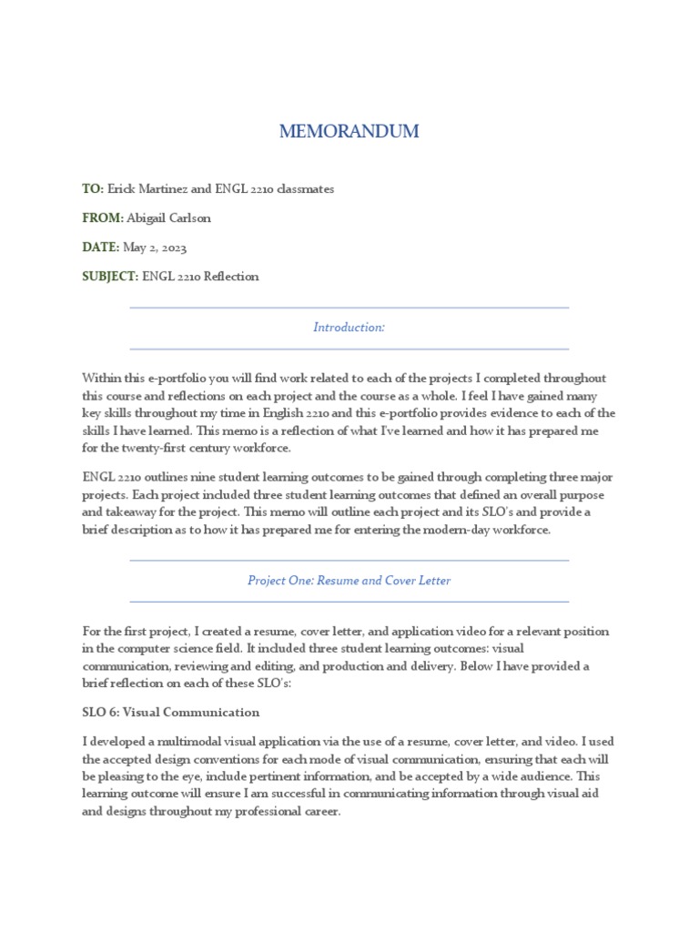 Reflection Memo | PDF | Communication | Memorandum