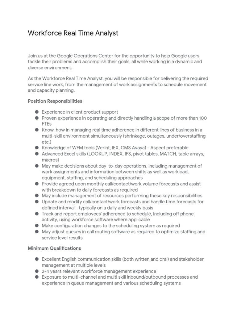 Workforce Real Time Analyst | PDF | Scheduling (Computing) | Call Centre