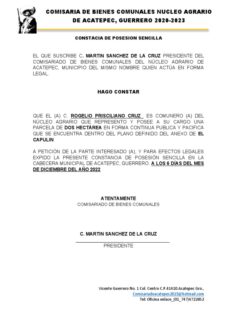 CONSTACIA DE POSESION SENCILLA | PDF